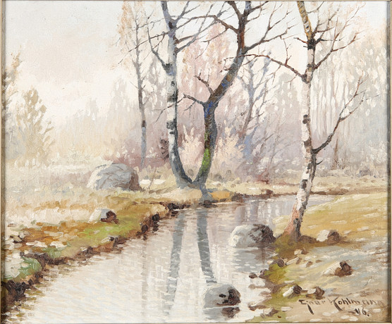 EJNAR KOHLMANN. Landscape with streams and birches, oil on canvas ...