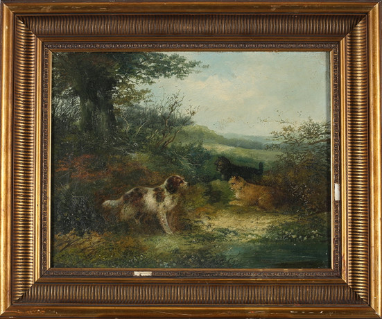 OIDENTIFIERAD KONSTNÄR. English landscape with three dogs, oil on ...