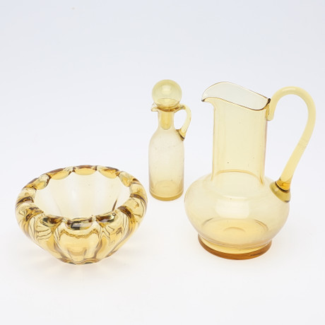 GLASS OBJECTS, 3 parts, yellow tinted, 1900s. Glass - Utility glass ...