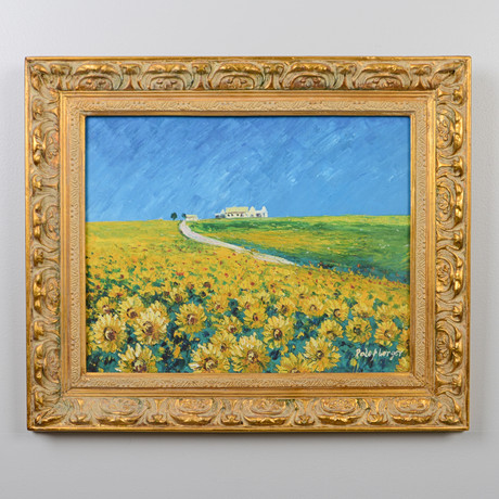 OIDENTIFIERAD KONSTNÄR. Landskap med solrosor, olja på duk, signerad ...