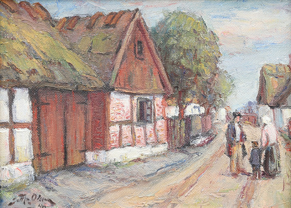 GOTTFRID OLSSON. "Folk på bygata", oil on Board, signed and dated 1940 ...
