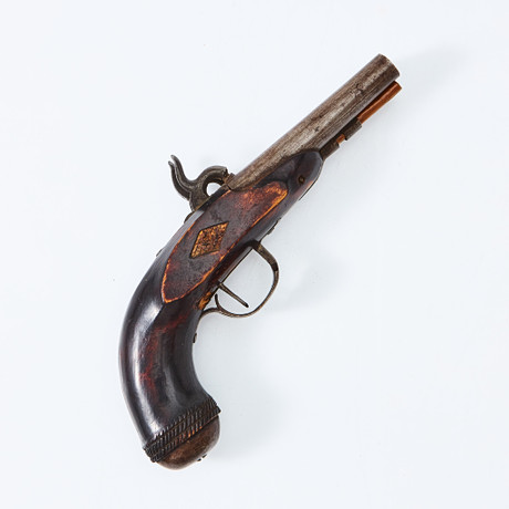 BLOCK PISTOL, double barrel, mid 19th century, butt in stained wood ...