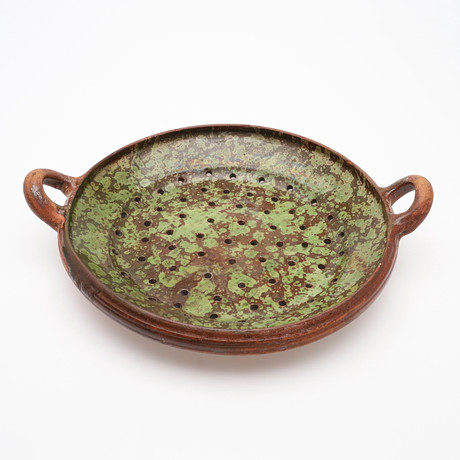 SIEVE WITH HANDLES, glazed in green and brown, earthenware, 19th ...