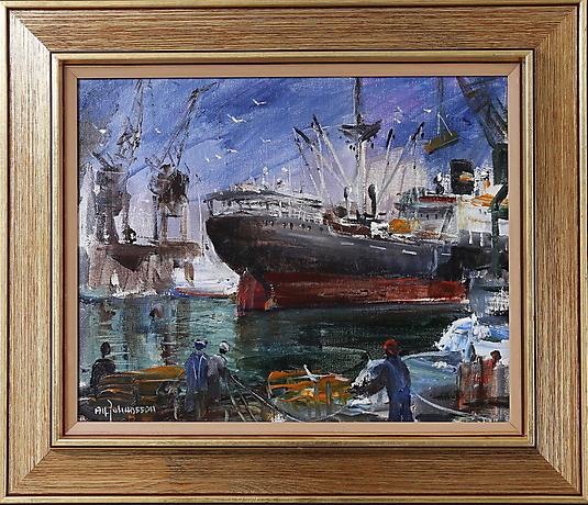 ALF JOHANSSON. The port, oil on canvas, signed. Art - Paintings - Auctionet