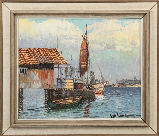 ERIC LUNDGREN. Coastal motif with boats, oil on canvas, signed. Art ...