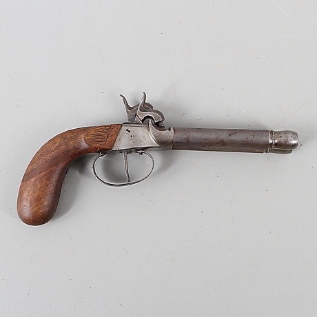DOUBLE-PIPE STOCK LOCKING PISTOL, 1800s. Coins, Medals & Stamps - Auctionet