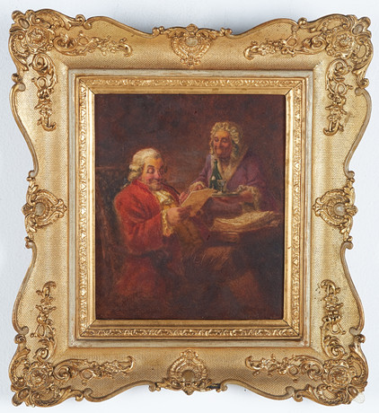 EMIL ÅBERG (SVERIGE, 1864-1940). Interiör med figurer, olja på pannå ...