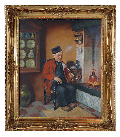HANS FENGER. "INTERIEUR MIT HOLLÄNDISCHEM MANN". Öl auf Holz. 61 x 51 ...