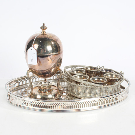 A SILVER PLATED EGG WARMER, SILVER PLATED EGG CRUET, SILVER PLATED OVAL ...