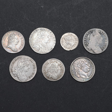 A COLLECTION OF CHARLES II AND LATER SMALL SILVER. Coins, Medals ...