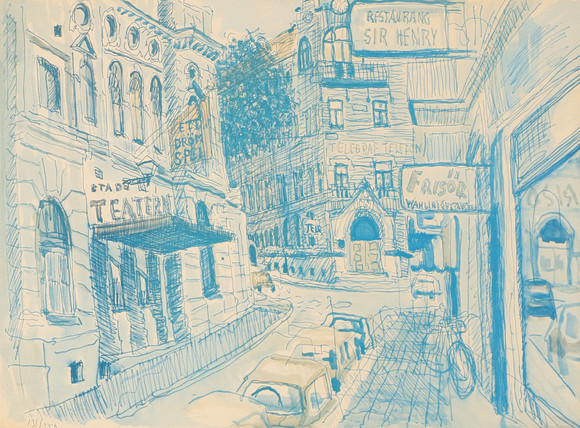 LARS HERDER. Old theater Helsingborg, pre-lithography, signed. Art ...