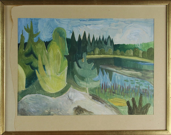 AXEL HENNIX. Gouache, forest landscape with lake, signed. Art ...