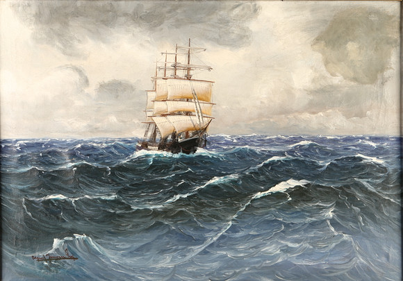 ALFRED JENSEN. Fartyg på stormigt hav, olja på duk, signerad. Konst ...