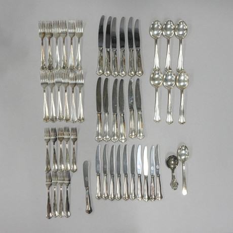CUTLERY NICKEL SILVER AND TWO SILVER SPOONS, 52 PIECES. Silver & Metals ...