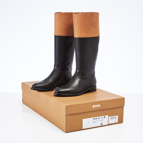 BOSS, "Celia HF", boots, black and brown leather, embossed logo on the ...