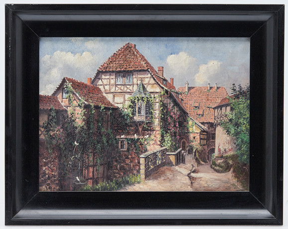 ERICH POHLENT. Painting, half-timbered house, 20th century. Art ...