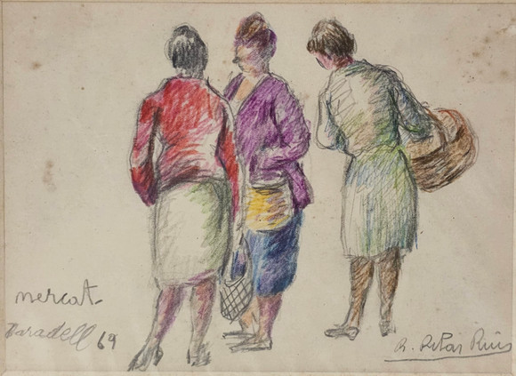 RAMÓN RIBAS RIUS. "MERCAT, SABADELL, 69". COLORED DRAWING ON PAPER. Art ...