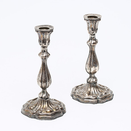 CANDLESTICKS, a pair, neo-rococo, silver, Adolf Lillja, Stockholm, 1850 ...