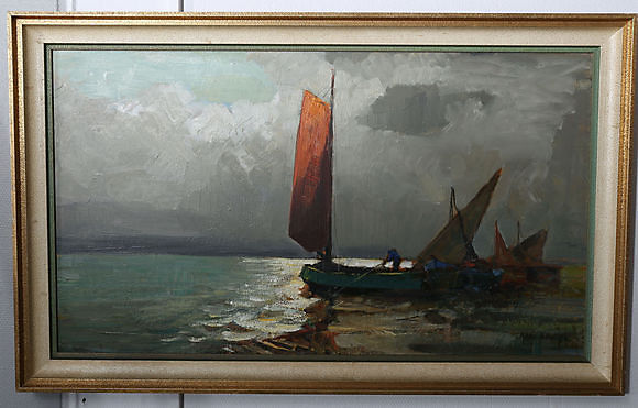 KNUT NORMAN. Oil on Board, Sailboat at dusk, signed. Art - Paintings ...