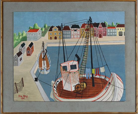 PETER MERZ. Óleo sobre Tabla, puerto de la costa oeste, firmado, 1975 ...