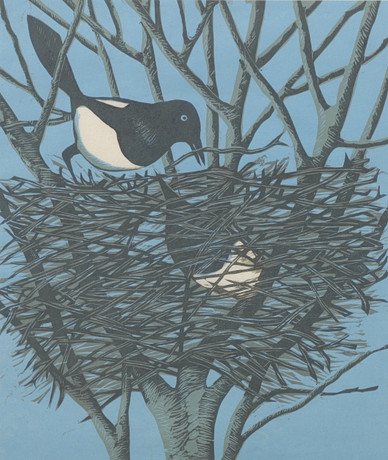 SVEN LJUNGBERG. Magpie, colored woodcut, signed and numbered 53/350 ...