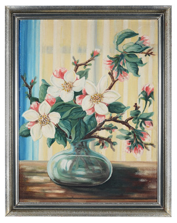 M. HOPPE. "Asetelma maljakon ja kukkivien omenanoksien kanssa". Öljy ...