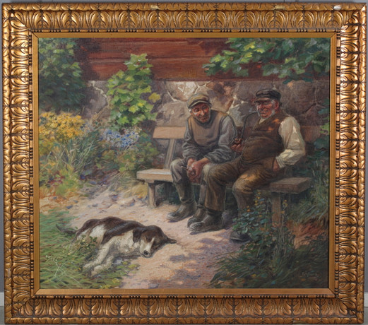 EMIL ÅBERG. Conversation at the garden bench, oil on canvas, signed ...