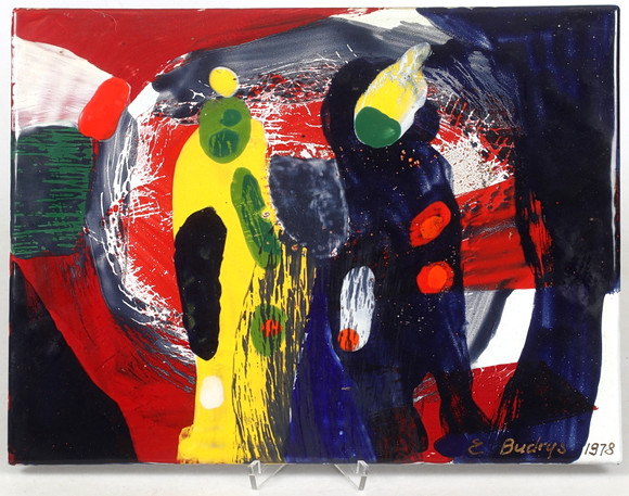 EUGENIJUS BUDRYS. komposition, emaljerad plåt, signerad och daterad ...