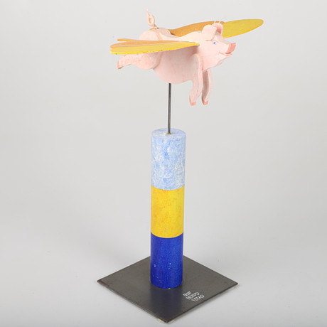 OLOF NERUD. Sculpture, flying pig, wood on metal plate, Ystad, signed ...
