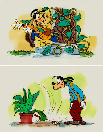 WALT DISNEY STUDIOS. Two original drawings for book, Goofy "Flowers ...