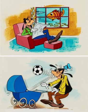 WALT DISNEY STUDIOS. Two original drawings for book, Goofy "Famous ...