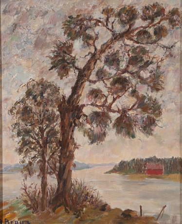 OIDENTIFIERAD KONSTNÄR. Trees by the water, oil on Board, signed Braun ...