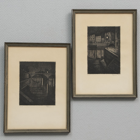 OLLE LARSSON. grafiska etsningar, 2 st, signerade, 1955. Konst - Grafik ...