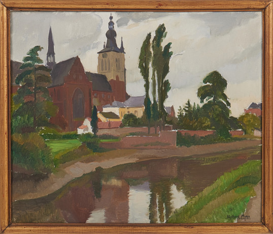 ALPHONSE MORA (1891-1977). Stadsmotiv med kyrkor och vattendrag, olja ...