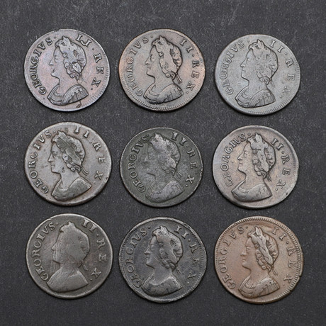 A COLLECTION OF GEORGE II COPPER FARTHINGS, 1730 AND LATER. Coins ...