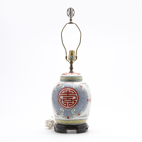 TABLE LAMP, porcelain, Chineseizing style, labeled Woodlands Lamps ...