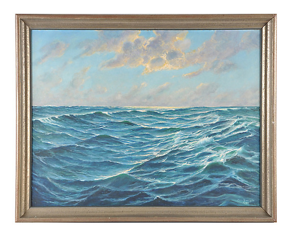MAX BARTSCH. ” Vinkande hav.”Olja på trä. Konst - Måleri - Auctionet