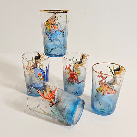 JUEGO DE 5 VASOS DECORADOS "FONDO MARINO" CON MOTIVOS DE CORALES Y ...