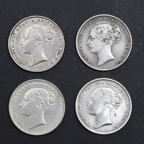 FOUR VICTORIAN SHILLINGS, 1852 AND LATER. Coins, Medals & Stamps ...