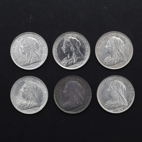 A COLLECTION OF SIX LATE VICTORIAN SIXPENCE, 1896 AND LATER. Coins ...