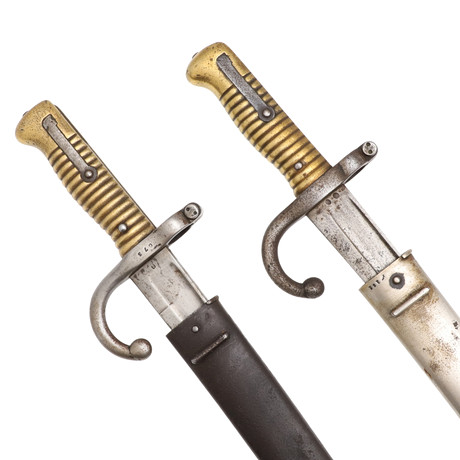 TWO SIMILAR M1866 PATTERN CHASSEPOT SWORD BAYONETS AND SCABBARDS ...