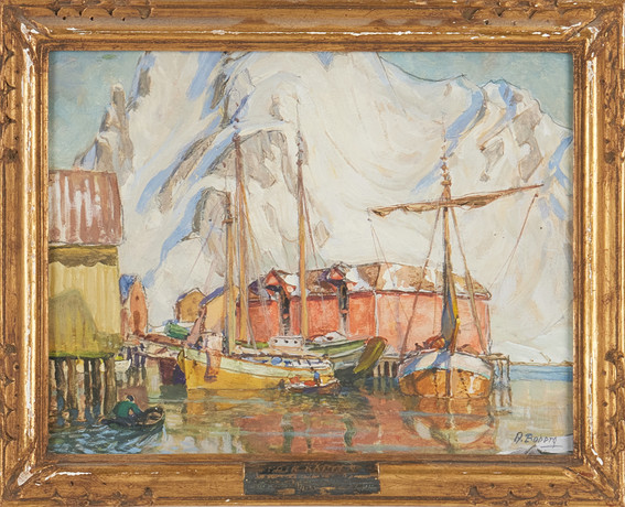 ANNA BOBERG. Skutor vid kaj, akvarell, signerad. Konst - Måleri - Auctionet