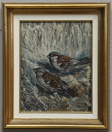 ALF JOHANSSON. Oil on Board, "Gråsparvspar", signed. Art - Paintings ...