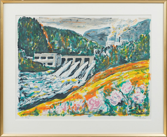 ALBIN AMELIN. Vattenkraftverk, färglitografi, signerad och numrerad ...