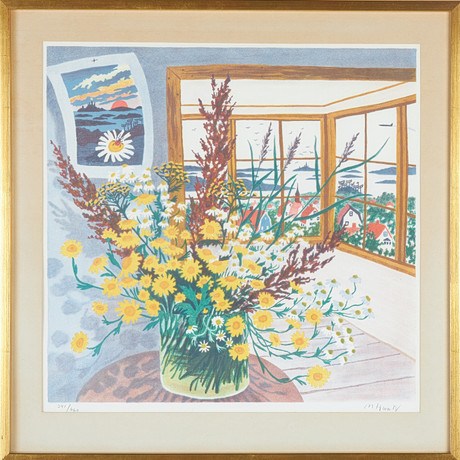 MONA HUSS WALIN. Flower still life with a view of Vinga, Gothenburg ...