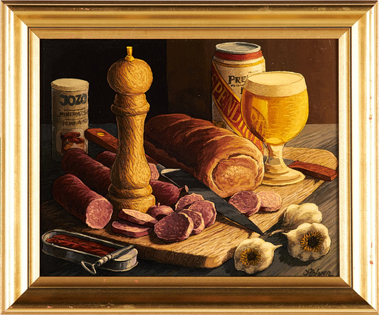 SVEN AHLGREN. still life with sausage, beer and bread, oil on Board ...