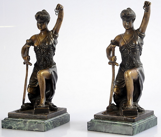 SCULPTURES, 1 pair, bronze on marble plinth, Justitia, modern ...