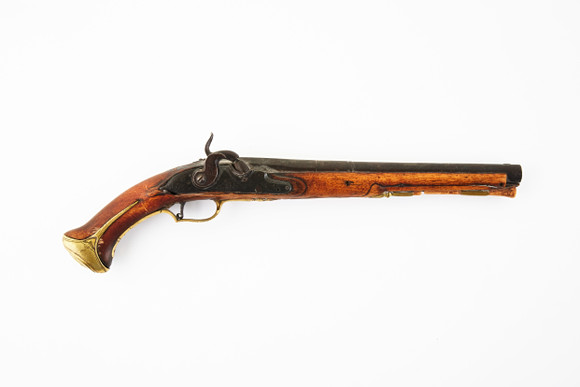 SWITCH PISTOL, converted from a flint lock, full birch stock with cut ...