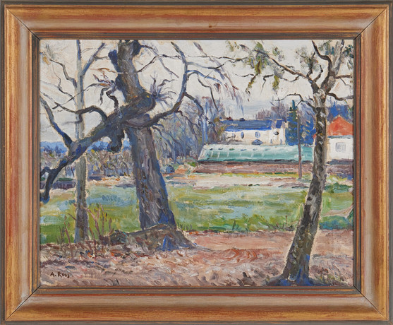 ALEXANDER ROOS (1895-1973). Träd med hus, olja på pannå, signerad ...