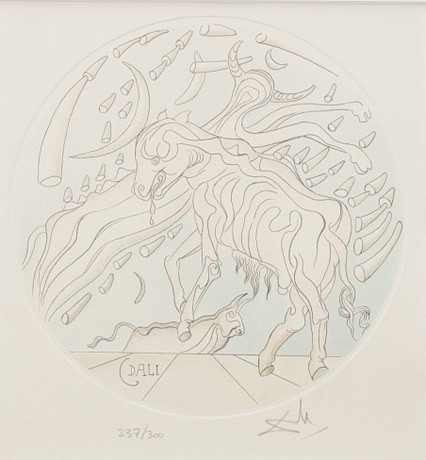 SALVADOR DALI. The bull from the "Zodiak", color etching, signed and ...